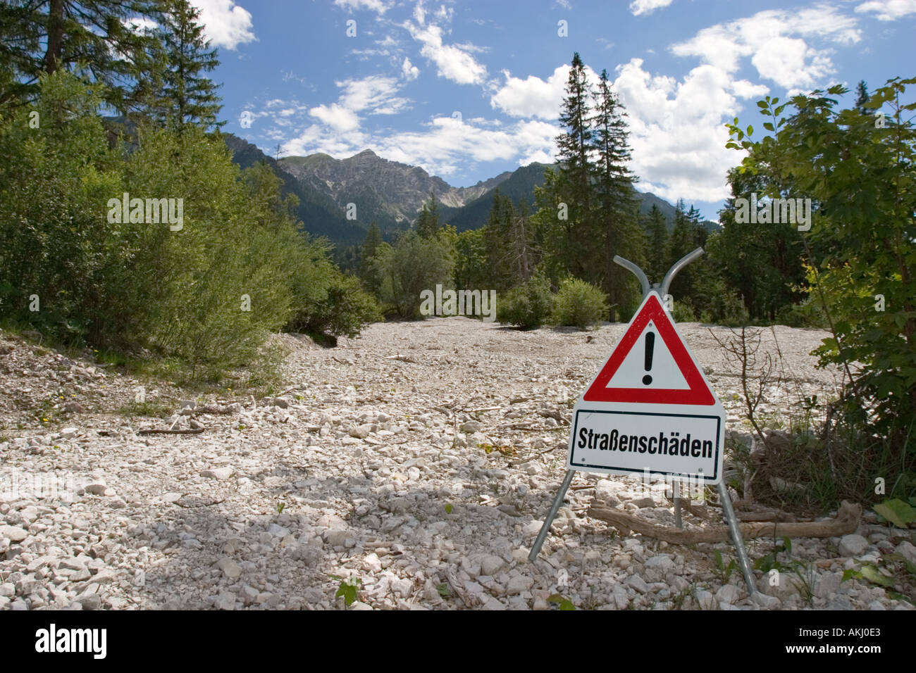sign caution Straßenschäden street demage near Wallgau Upper Bavaria ...