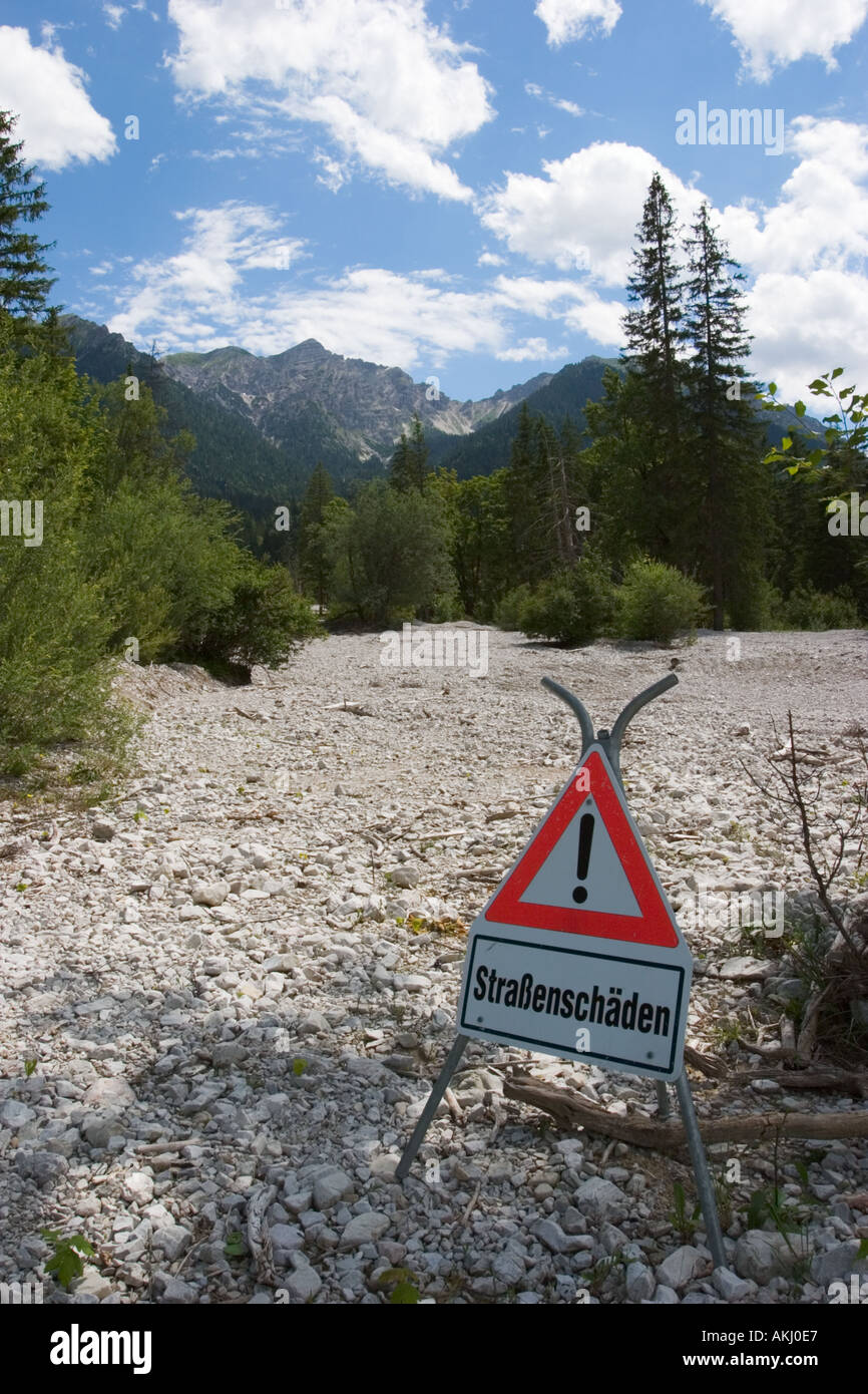 sign caution Straßenschäden street demage near Wallgau Upper Bavaria ...