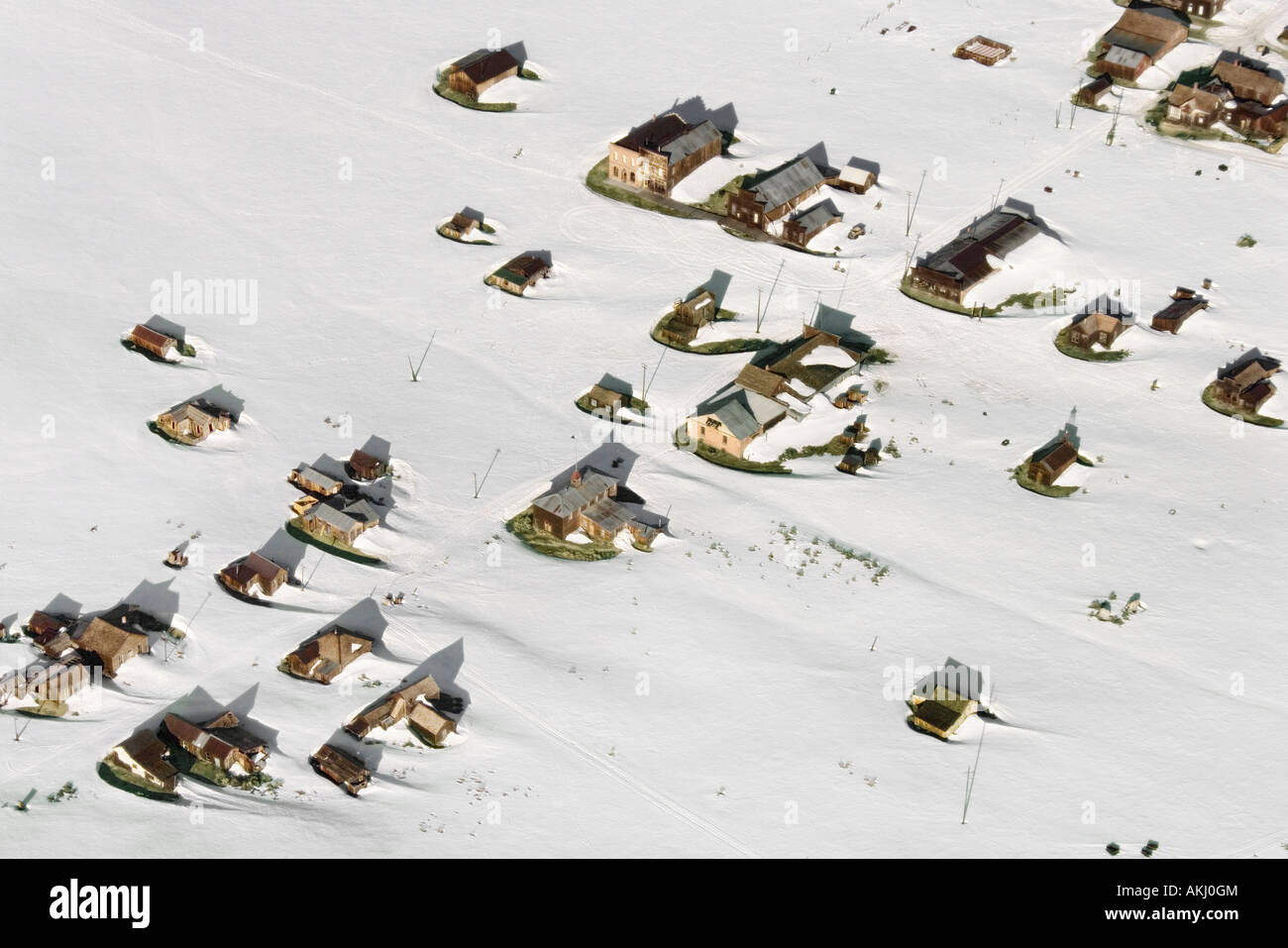 Aerial of snow covered buildings in small town California USA Stock ...