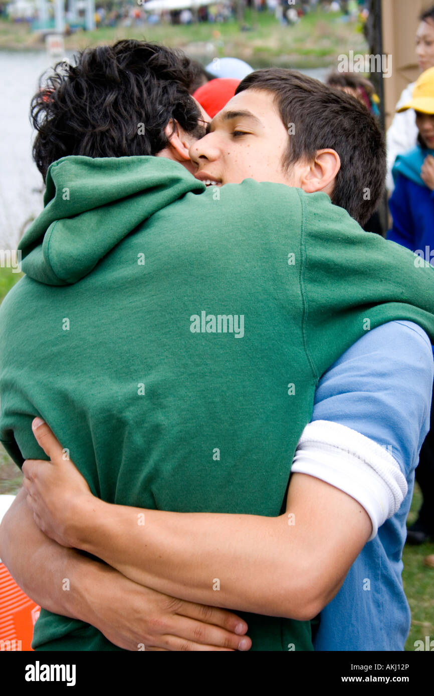 Actors hugging after long performance. MayDay Parade and Festival ...