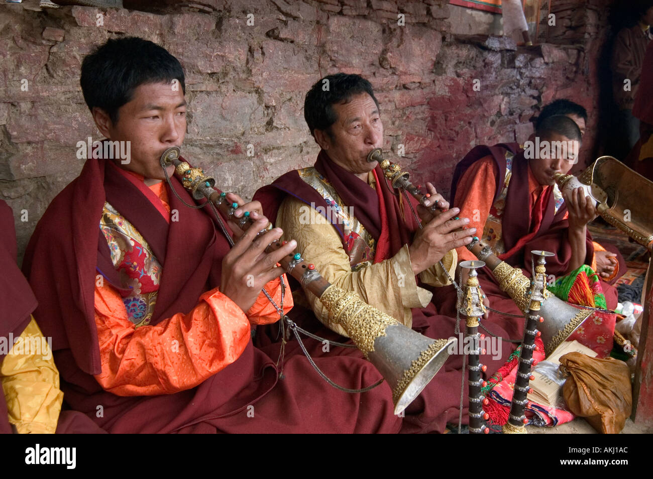 Buddhist monks play kanglings at the Cham dances Katok Dorjeden ...