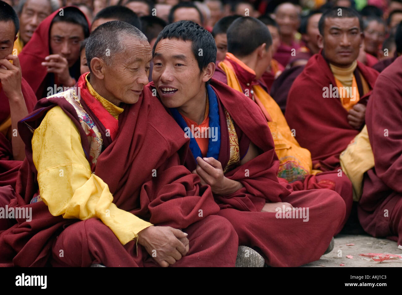 Buddhist monks talk at the Cham Dances Katok Dorjeden Monastery Kham ...