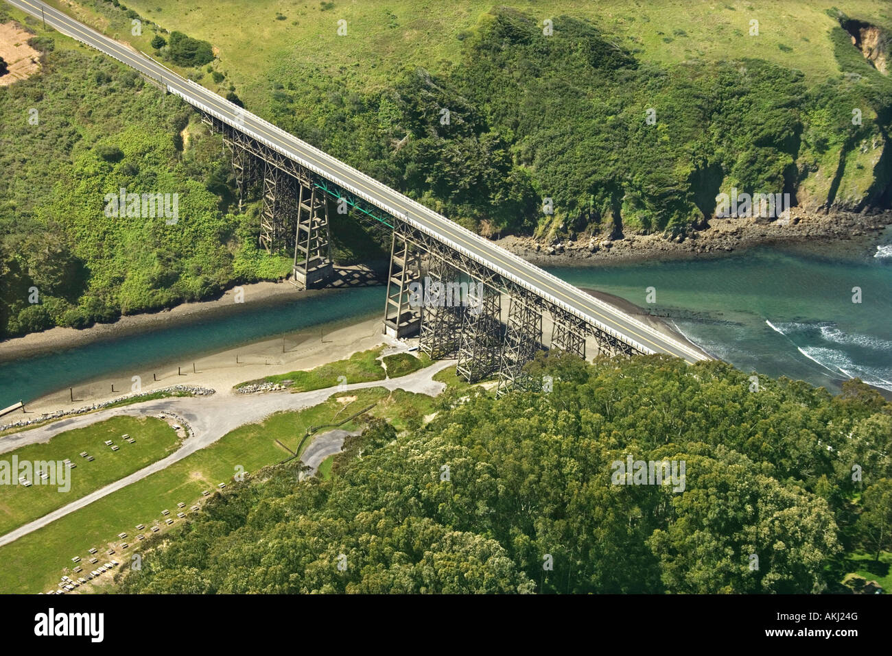 Aerial of Shoreline Highway bridge over water in California USA Stock ...