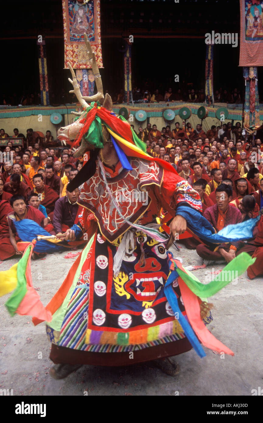 Masked stag dancer representing the animal world at the Monlam Chenmo ...