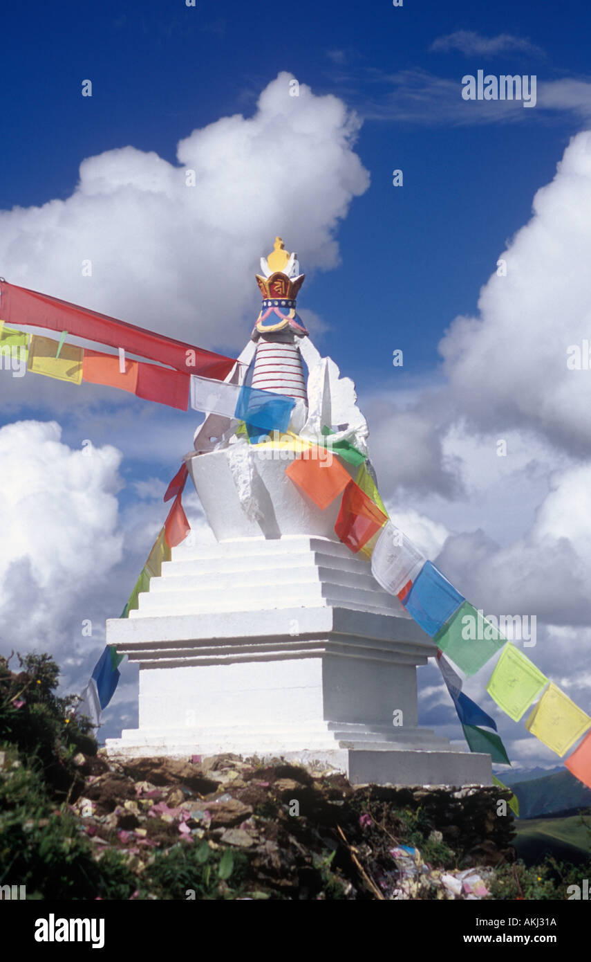 Stupa prayer flags above the Nyingma sect Katok Dorjeden Monastery Kham ...