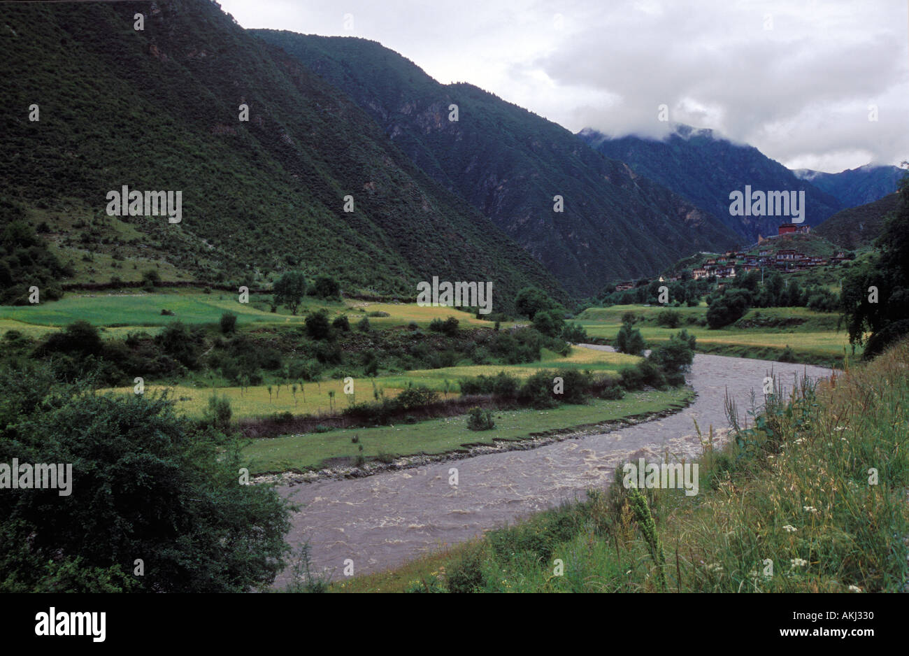 Sakya village and the upper reaches of the Yangtze Yangtse river in ...