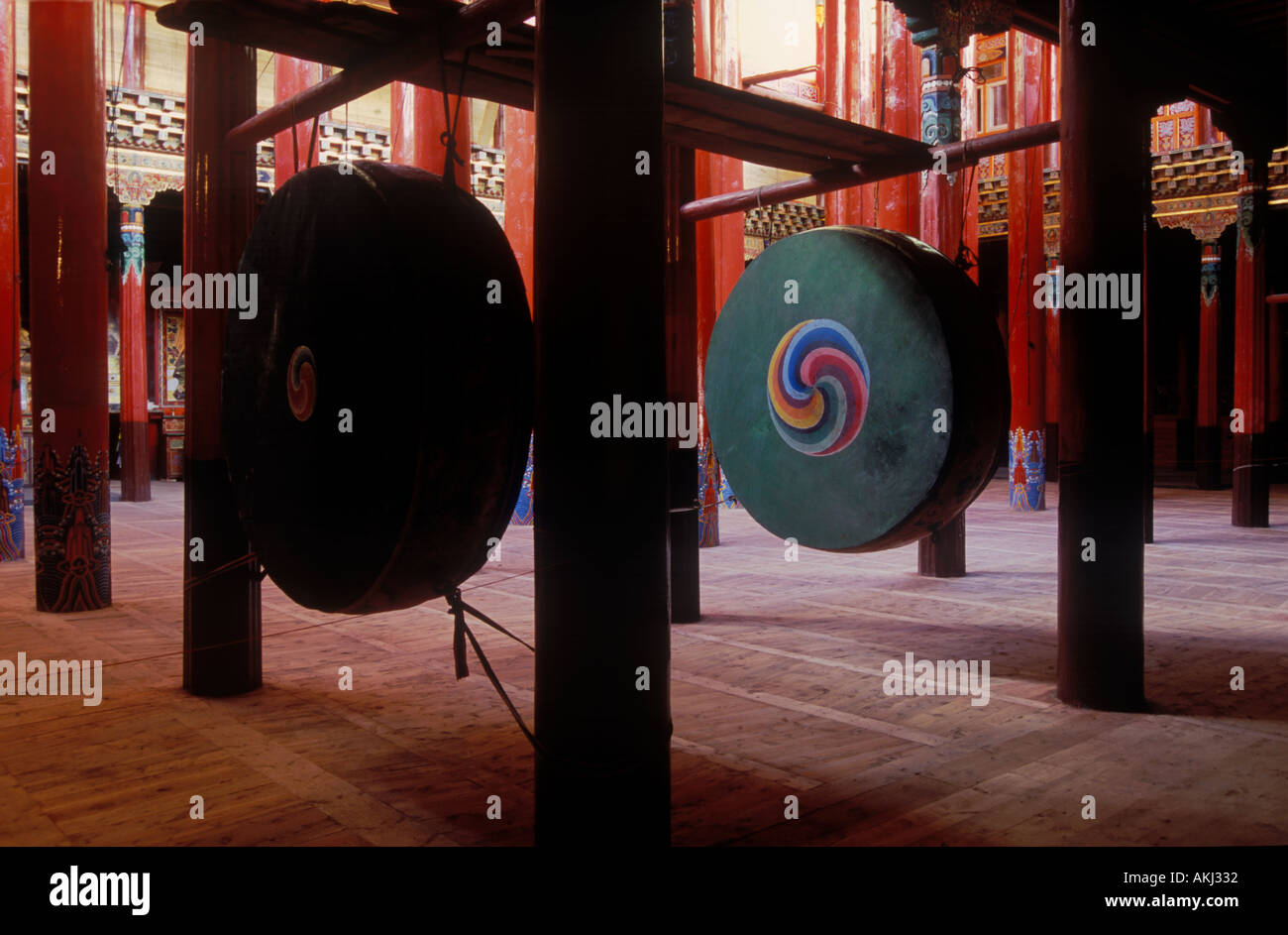 Pillars drums in the reconstructed Derge Gonchen Monastery in Derge ...