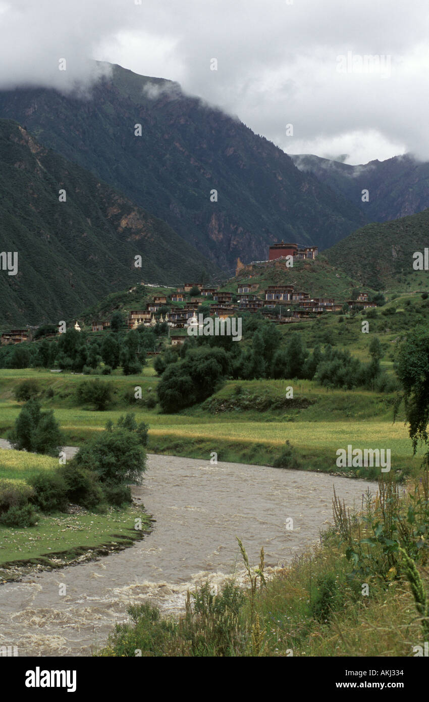 Sakya village and the upper reaches of the Yangtze Yangtse river in ...