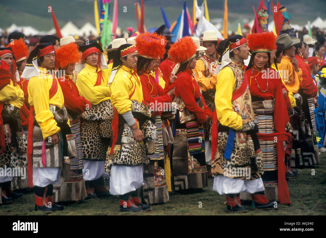 Dance troop with leopard skin costumes represent a region of Kham ...
