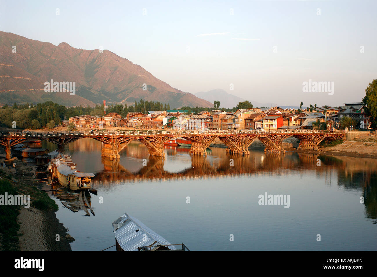 India, Jammu and Kashmir, Srinagar, wooden bridge over Libber river ...