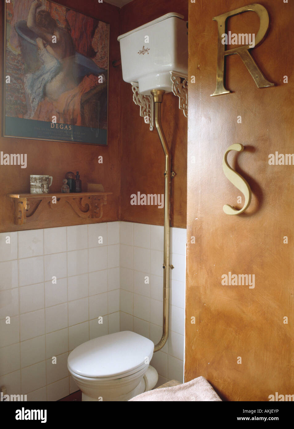 Brass letters on tortoiseshell paint effect wall beside white toilet ...
