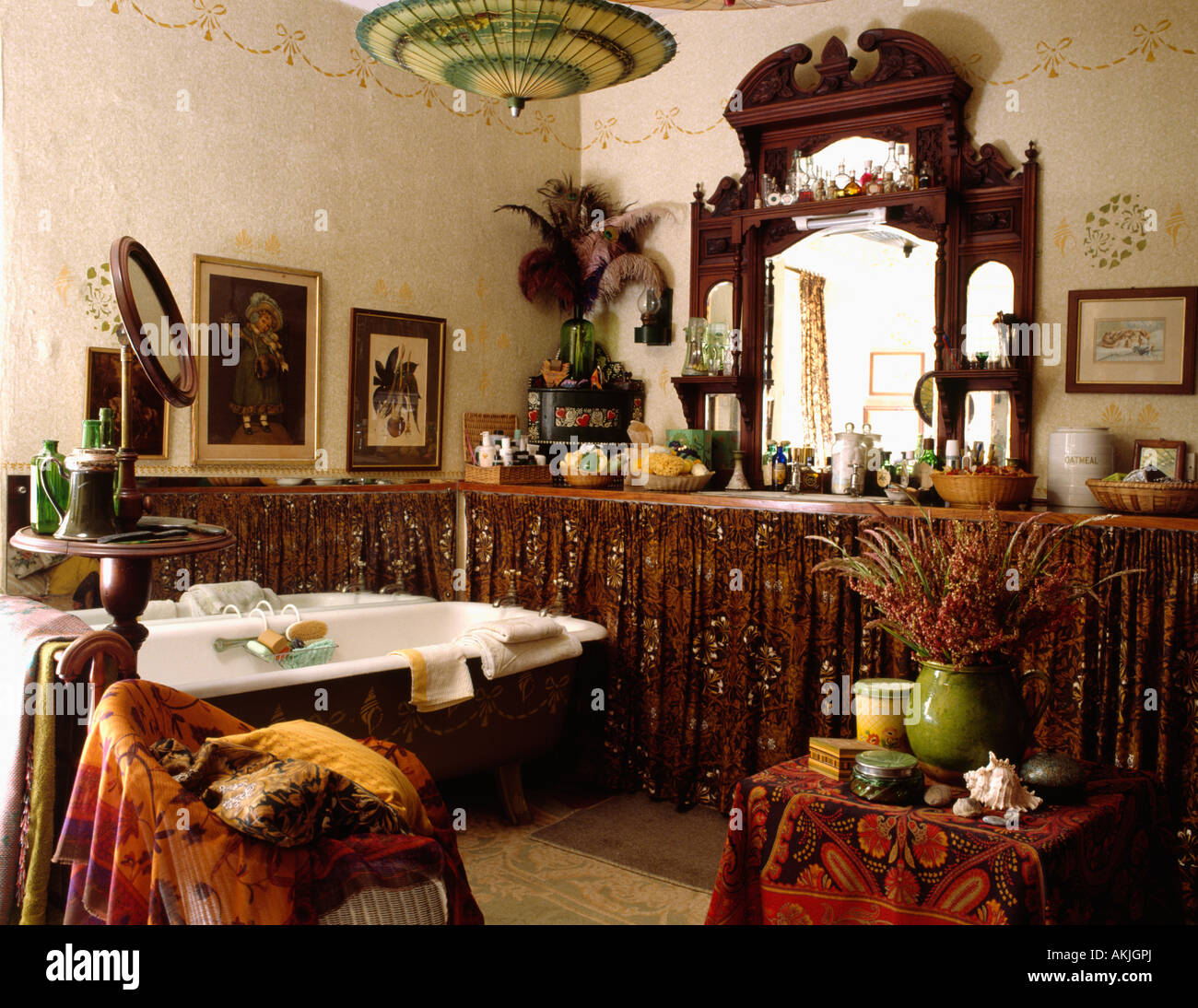 Edwardian mirror above curtains on vanity units in eighties bathroom ...