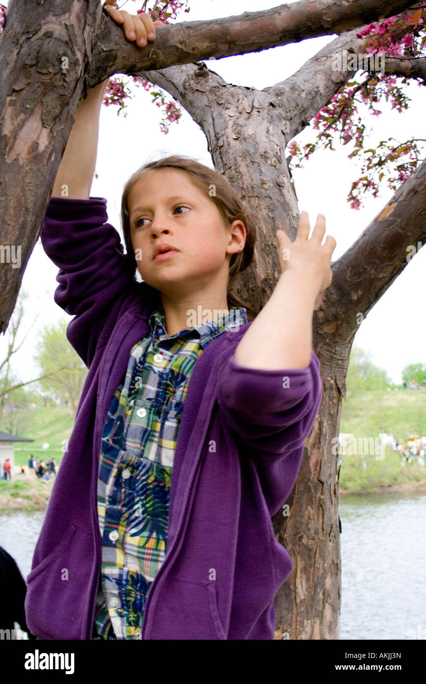 Girl age 10 climbing pink flowering fruit tree. MayDay Parade and ...