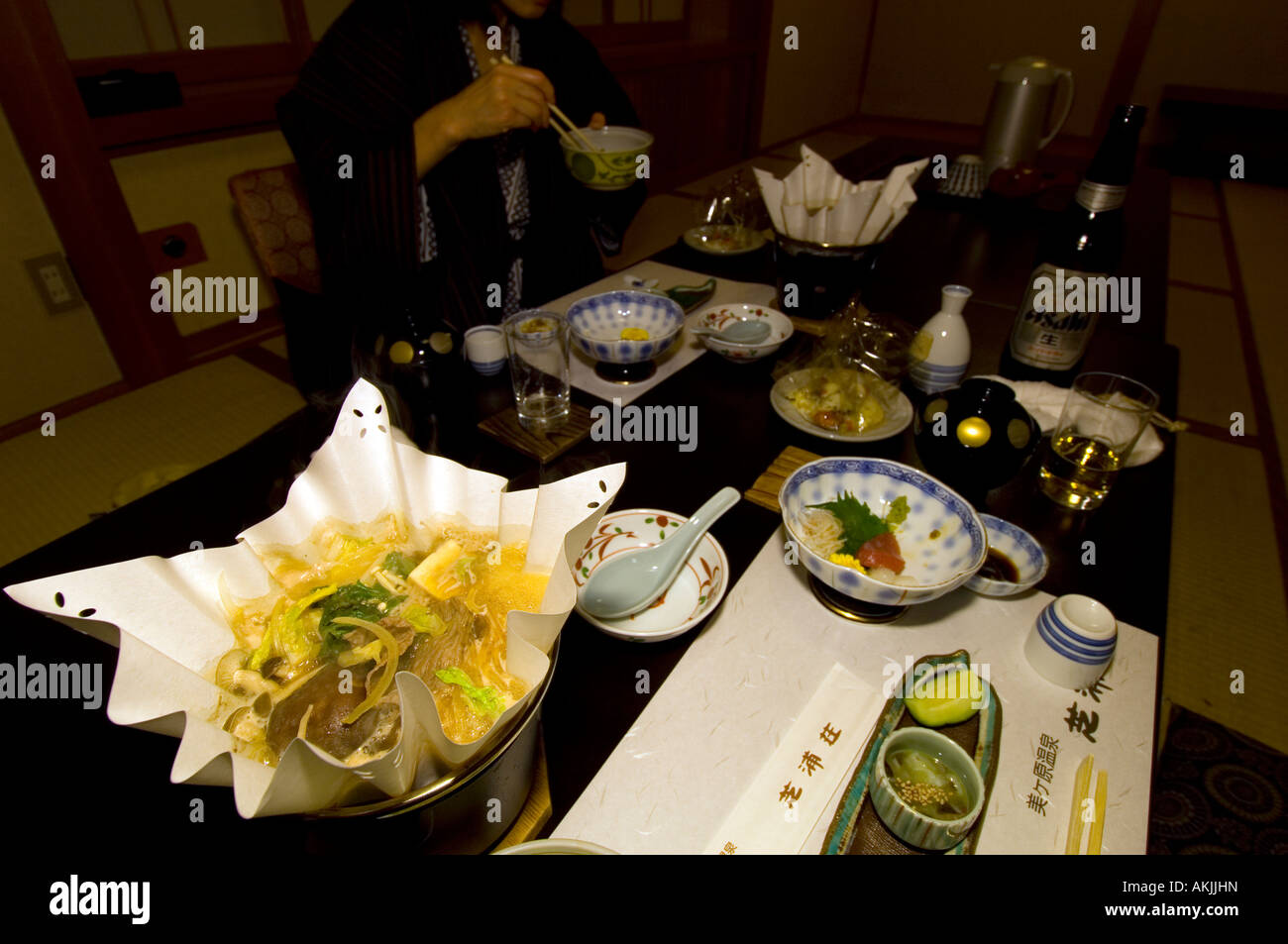 Traditional Japanese style dinner is served in Ryokan traditional ...