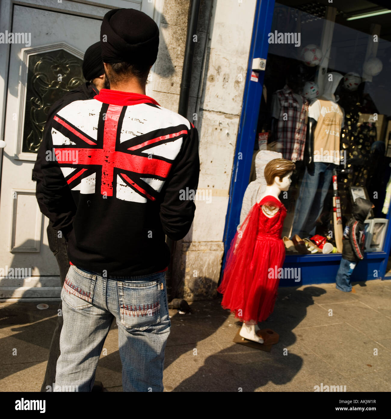 multicultural London Sikh men high street Southall union jack emblem no ...