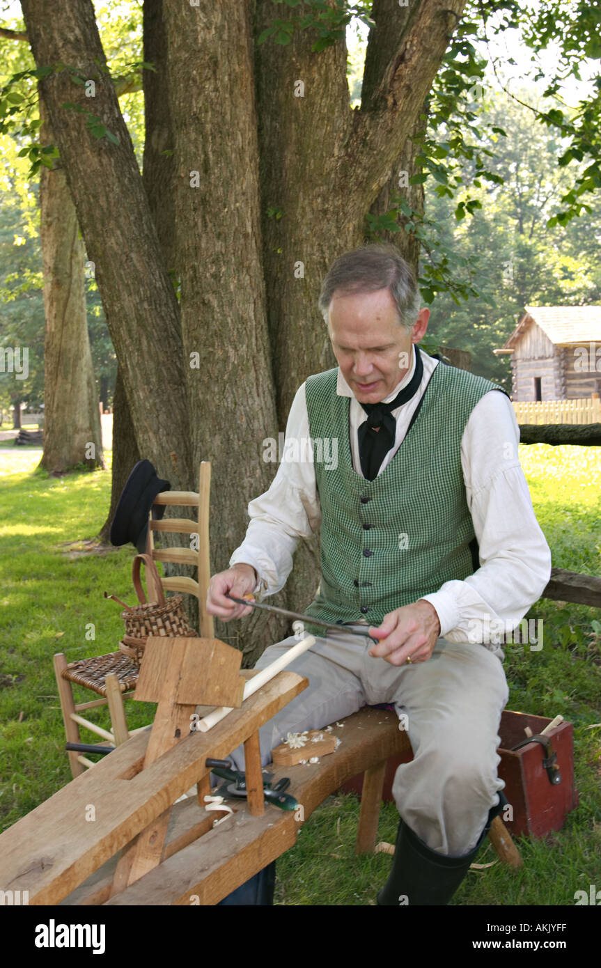 ILLINOIS Petersburg Colonial reenactor at New Salem work with wood 19th ...