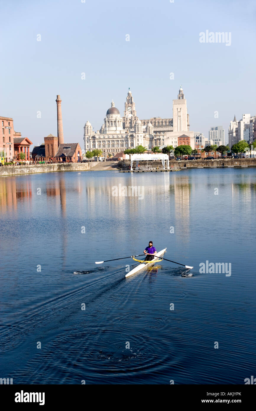 The Liver Building from the Hartley Quay with a rowing boat on Canning ...