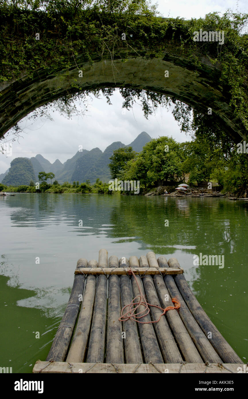 China Guangxi Yangshuo The Old Dragon Bridge Viewed From A Bamboo Raft ...