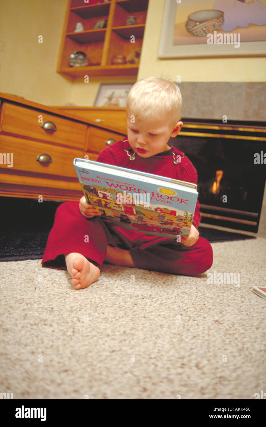 Pre school boy reading a book Stock Photo - Alamy