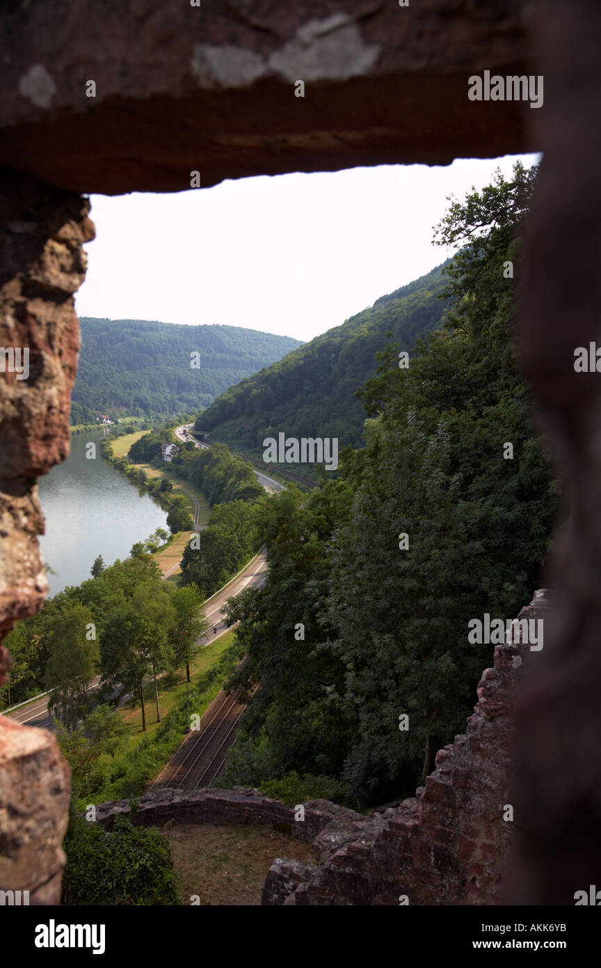 Neckar River seen through a window of the ruined Hinterburg castle ...