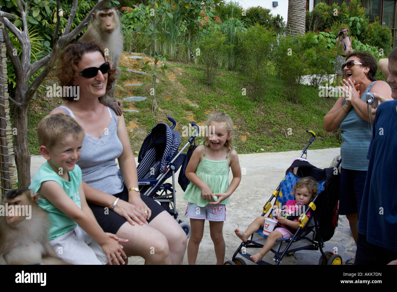 Family with Macaques, Animal Encounters, Sentosa Island, Singapore ...