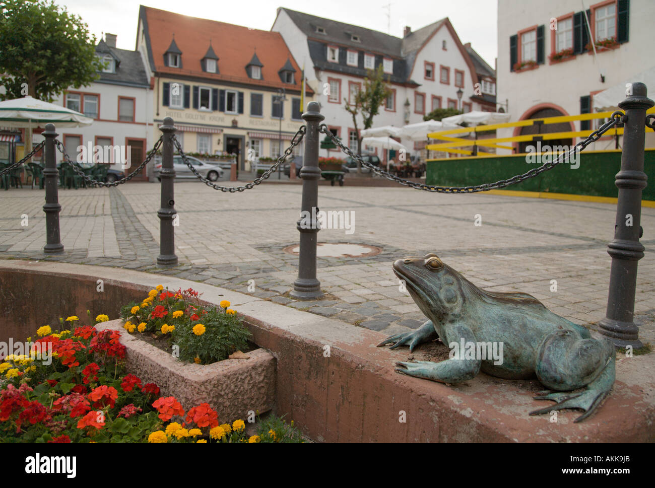Bronze frog statue in the town square Oppenheim Germany Rheinhessen ...