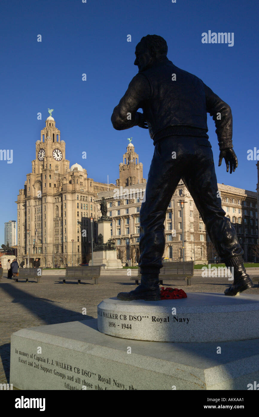 Liver Building and Statue of Captain FJ Walker Royal Navy Liverpool ...