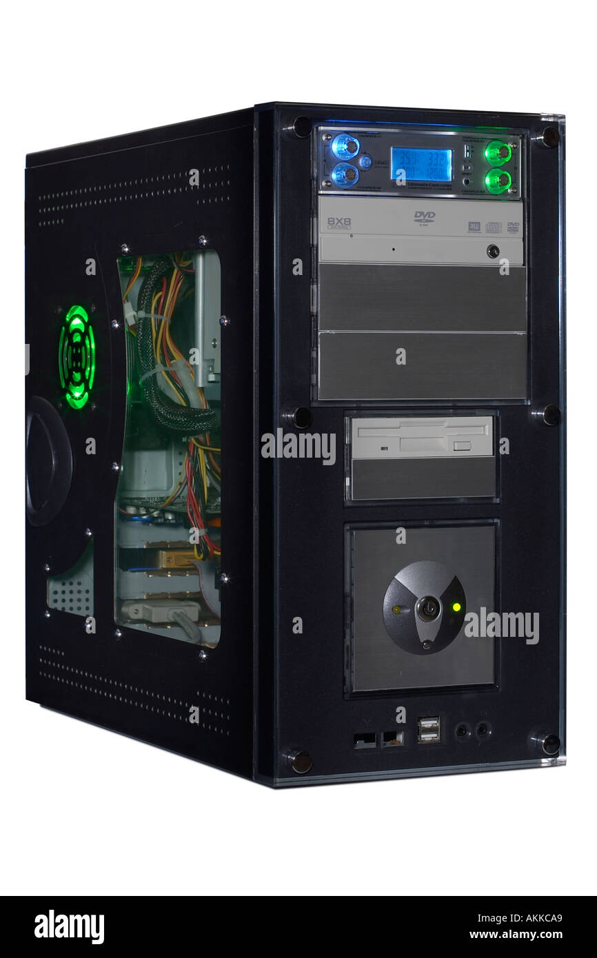 Computer PC Tower Desktop White Background DVD Burner Neon Fan Green ...