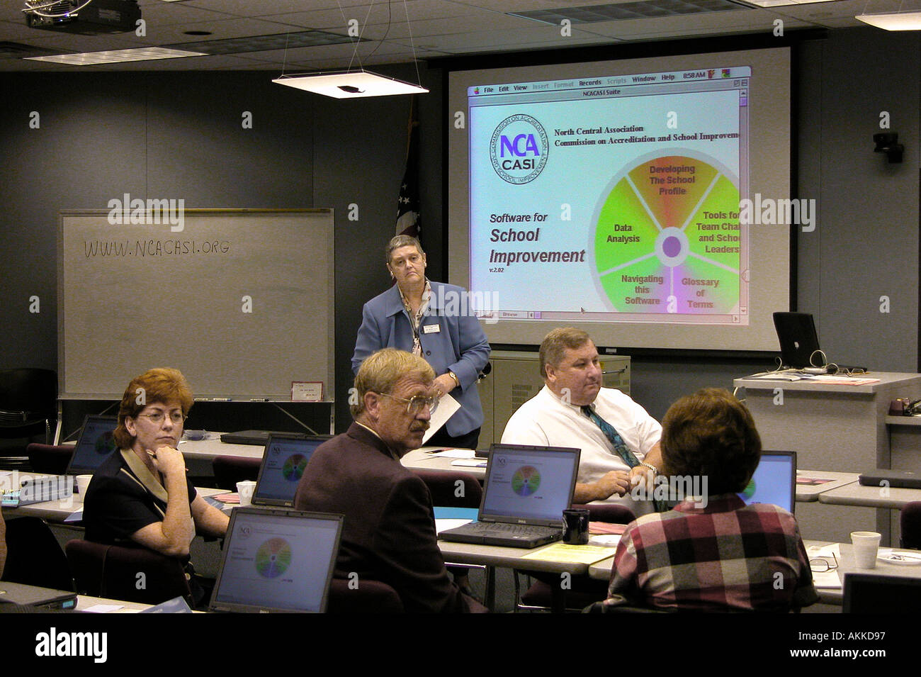 Female presenter gives Power Point presentation to a group of ...