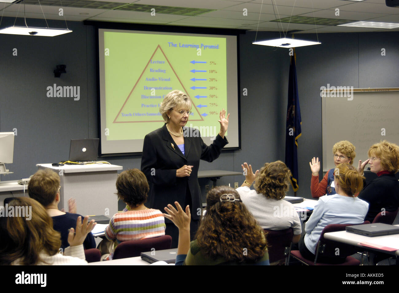 Female presenter gives Power Point presentation to a group of ...