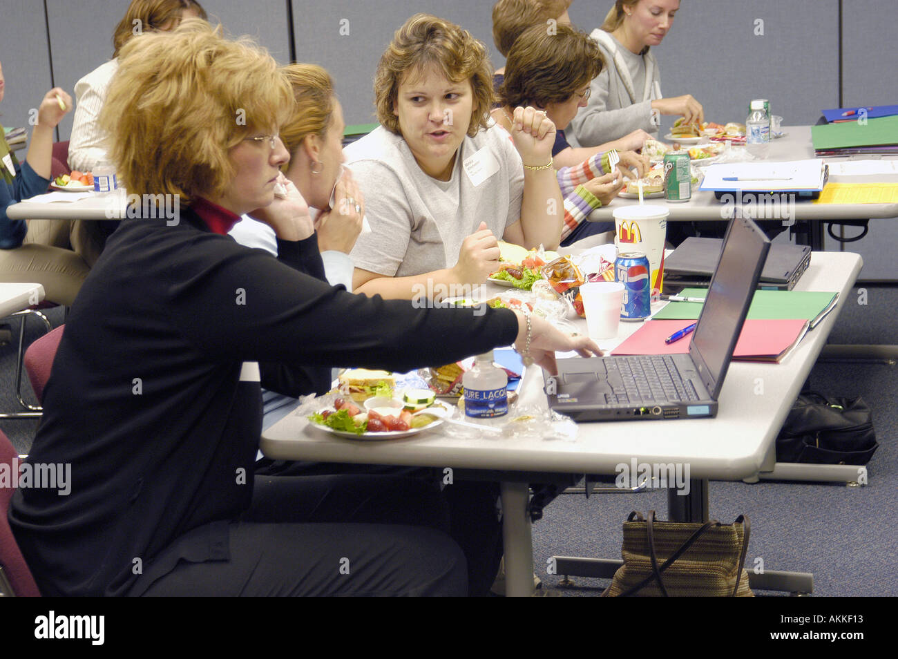 Female presenter gives Power Point presentation to a group of ...