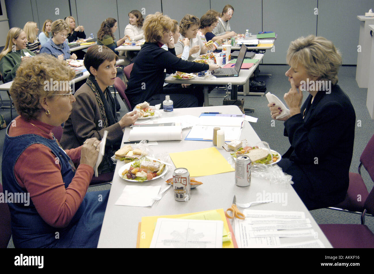 Female presenter gives Power Point presentation to a group of ...