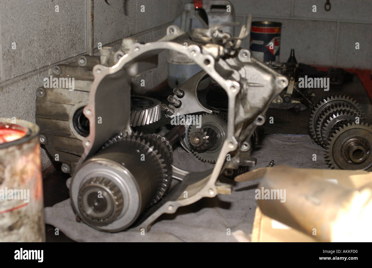 Transmission parts visible in transmission that is getting serviced ...