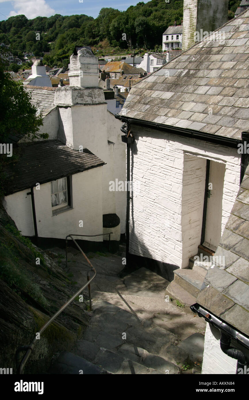 Stone steps between white washed cottages Polperro Harbour Cornwall ...