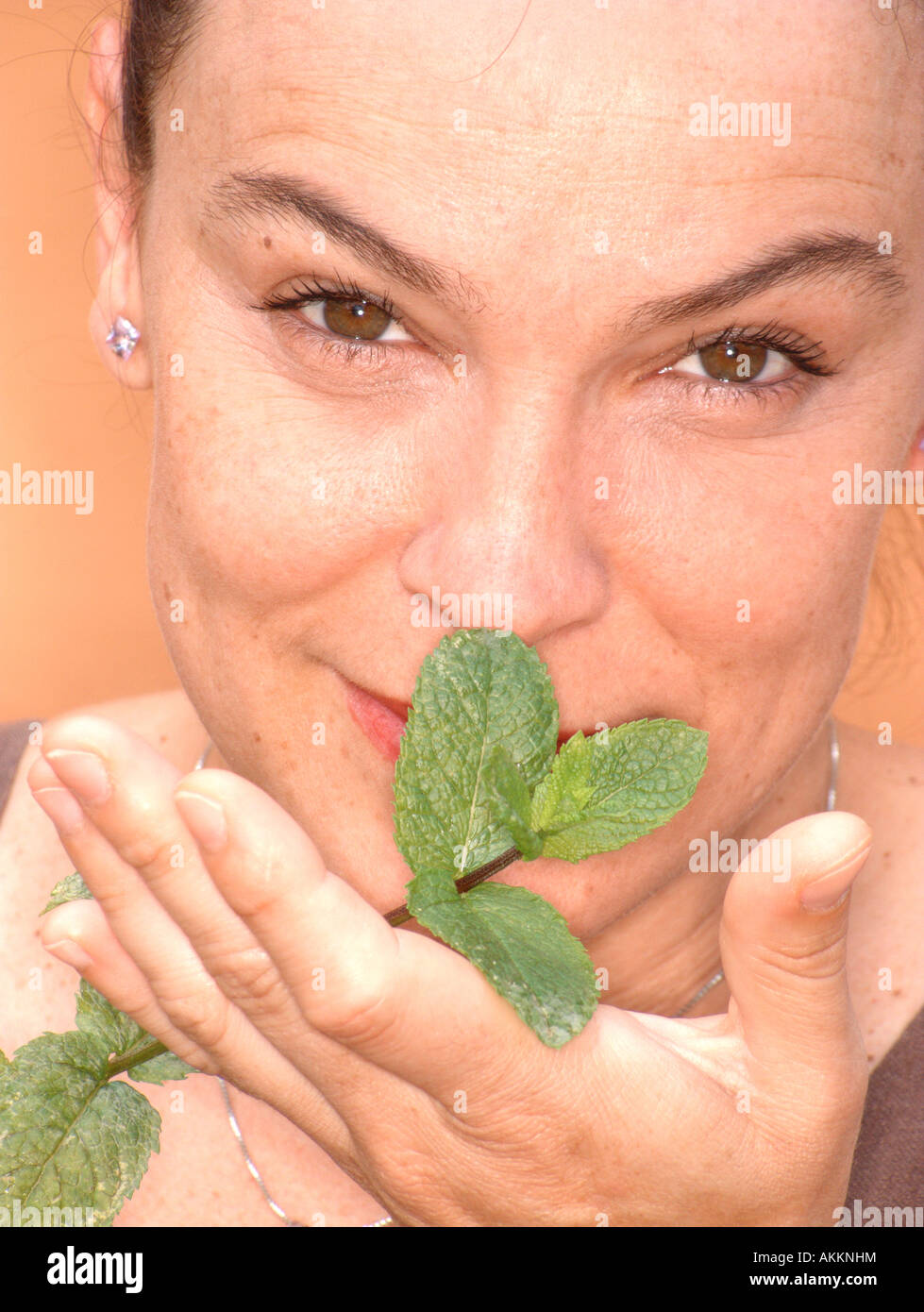 Woman smelling a branch of Mint (Mentha) plant Stock Photo - Alamy