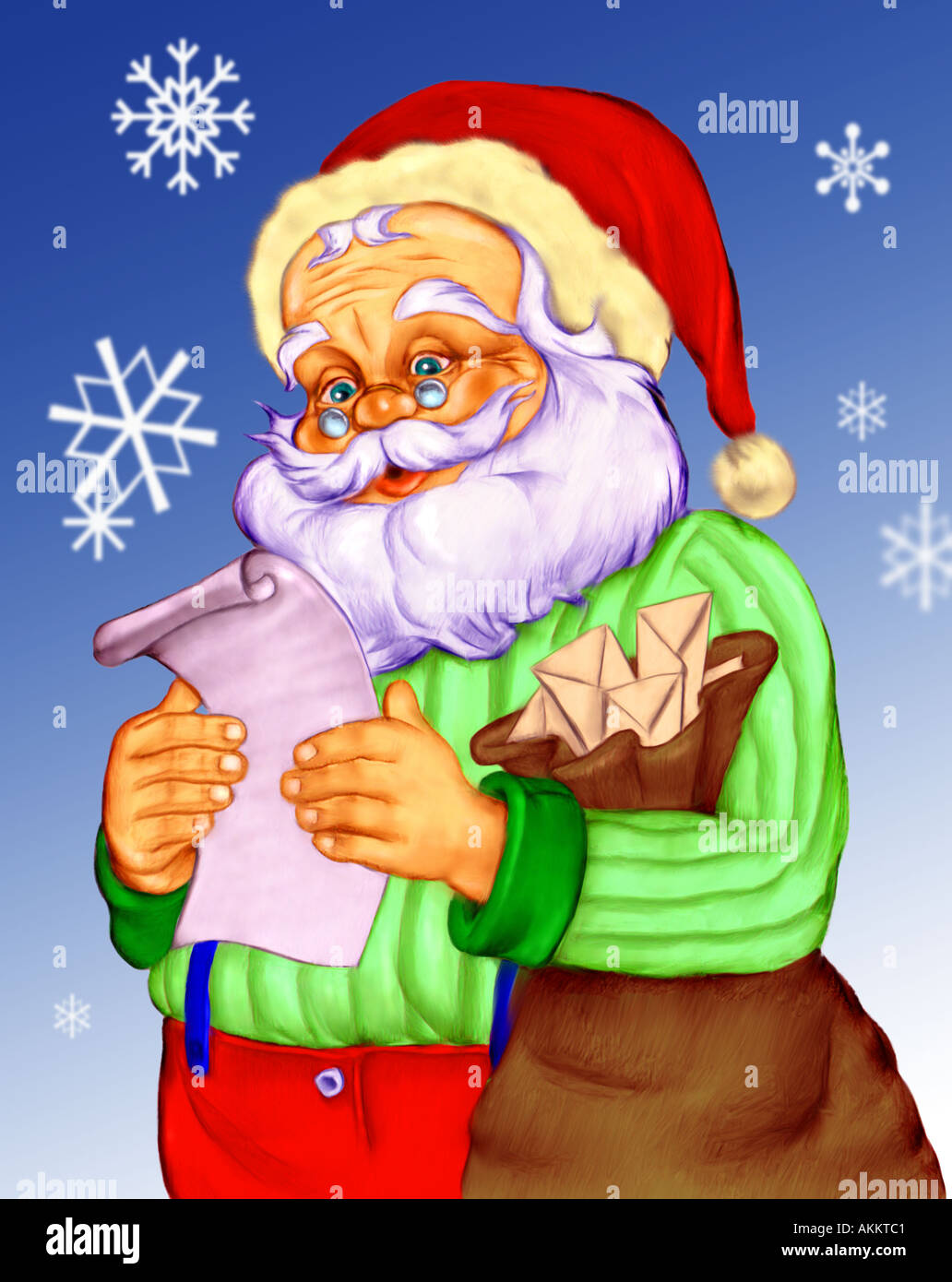 Christmas illustration of Santa reading a list Stock Photo - Alamy