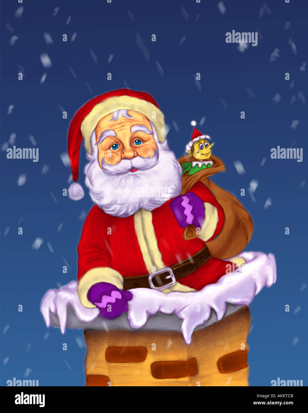 Christmas illustration of Santa climbing down a chimney Stock Photo - Alamy