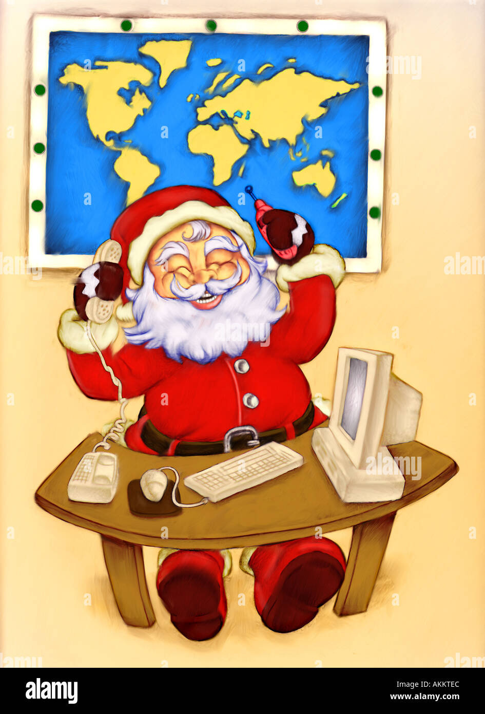 Christmas illustration of Santa sitting at his desk, talking on two ...