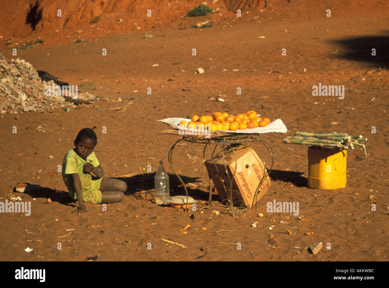 Young african child with stand set up to sell oranges and sugarcane ...
