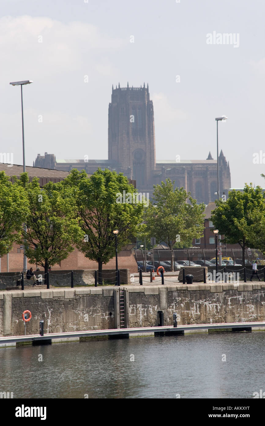 The Anglican Cathedral from the Albert Dock in Liverpool, England Stock ...