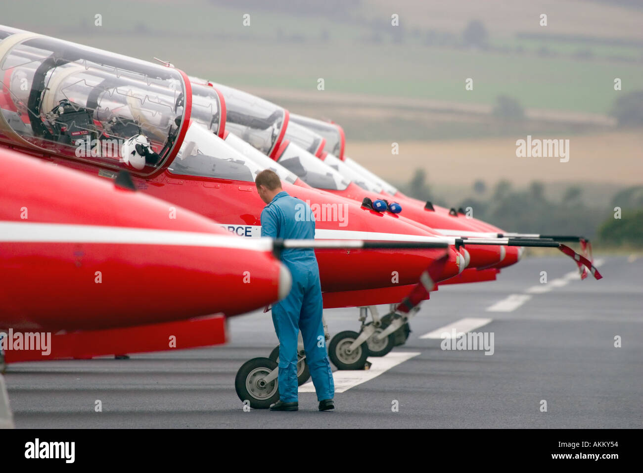 RAF Red Arrows maintenance crew performing pre flight checks on BAE ...