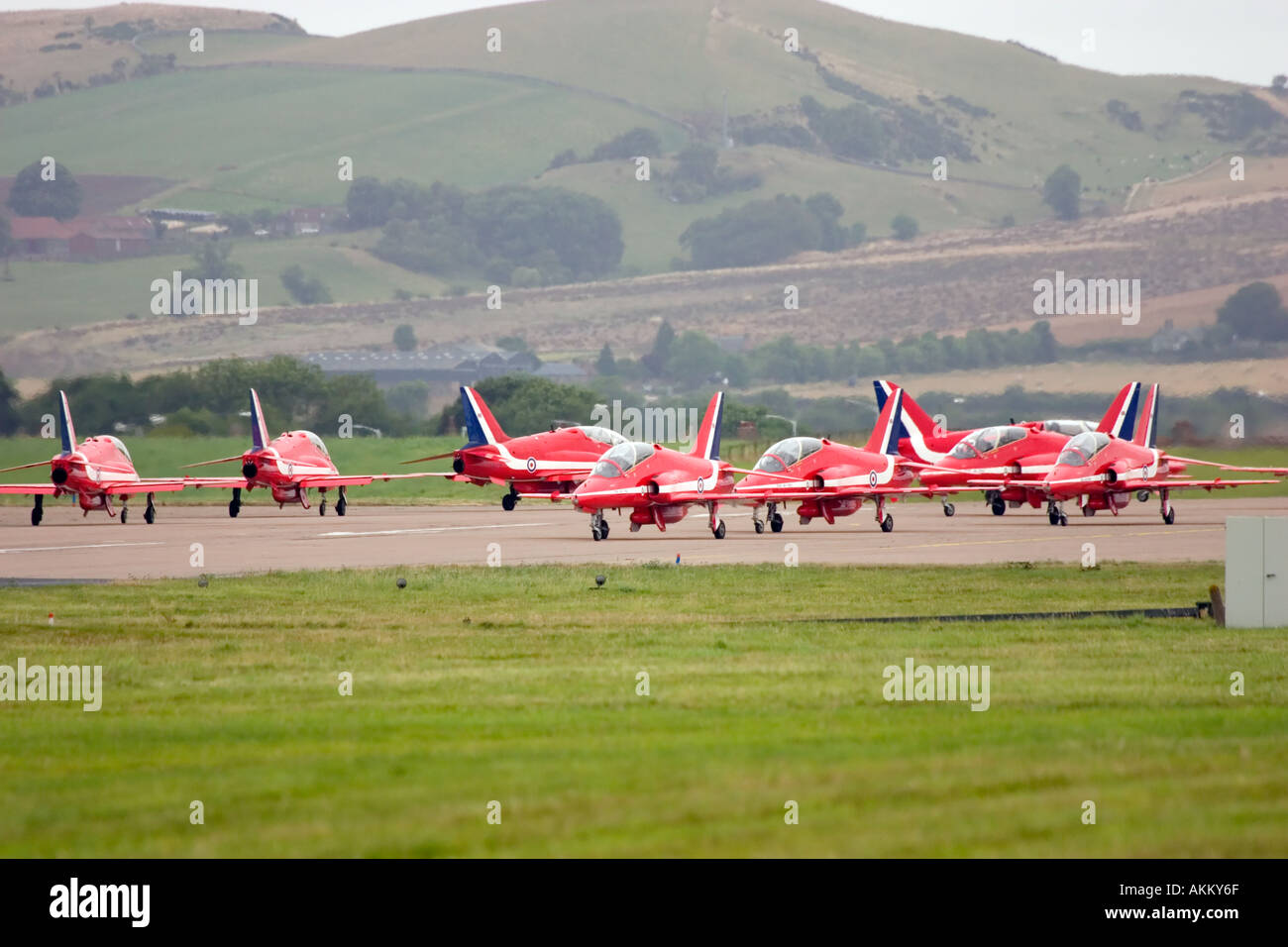 RAF Red Arrows BAE Hawk jet trainers line up for take off before flying ...