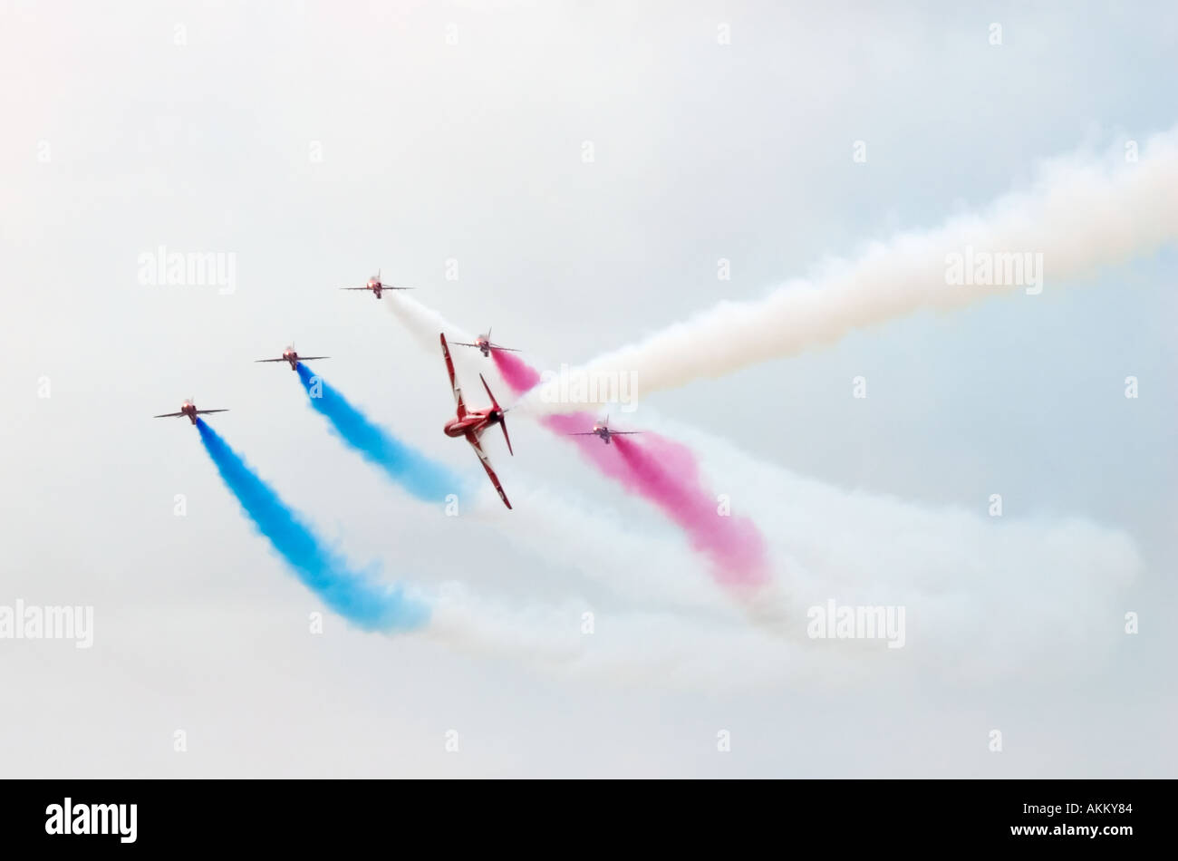 RAF Red Arrows BAE Hawk jet trainer aircraft flying in formation ...