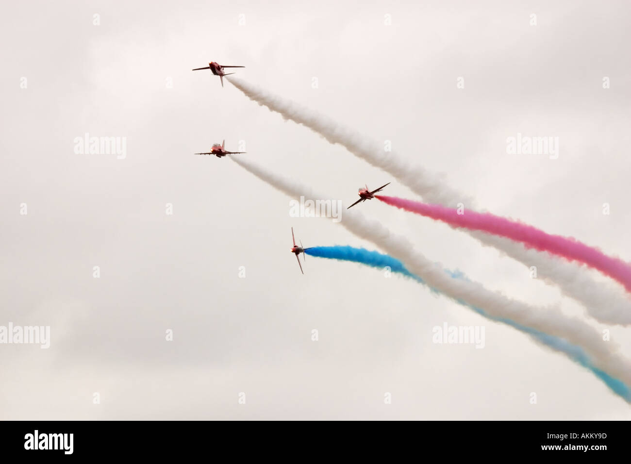 RAF Red Arrows BAE Hawk jet trainer aircraft twirling around while ...