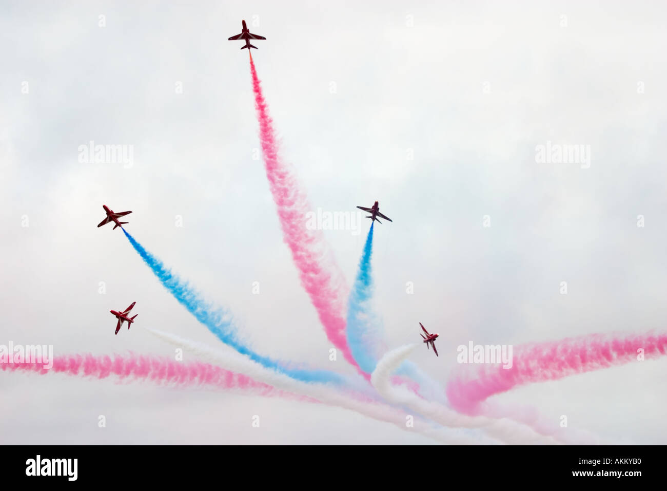 RAF Red Arrows BAE Hawk jet trainer aircraft break from close formation ...
