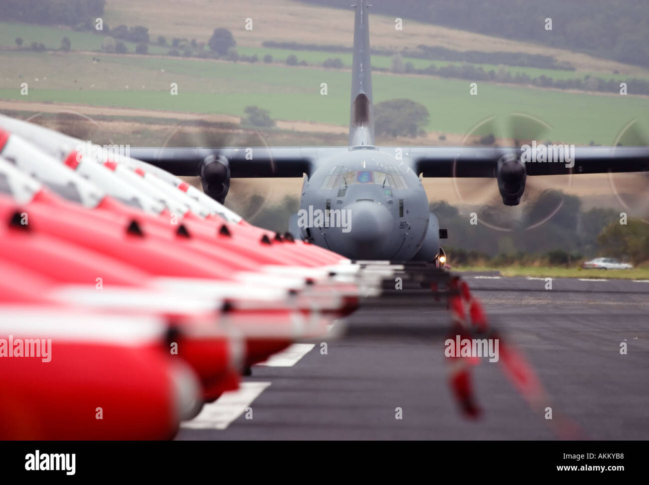 RAF Red Arrows BAE Hawk jet trainer aircraft lined up on runway with ...