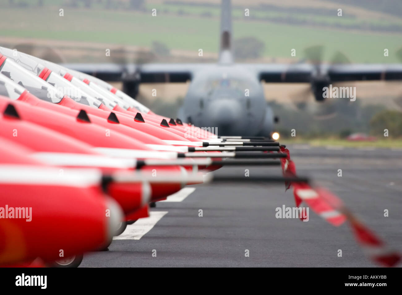 RAF Red Arrows BAE Hawk jet trainer aircraft lined up on runway with ...