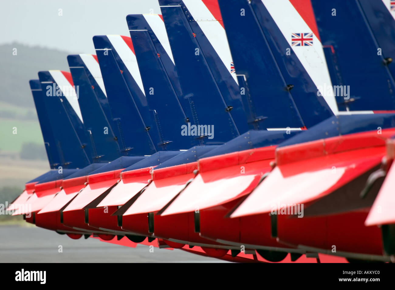 RAF Red Arrows BAE Hawk jet trainer aircraft lined up on runway showing ...