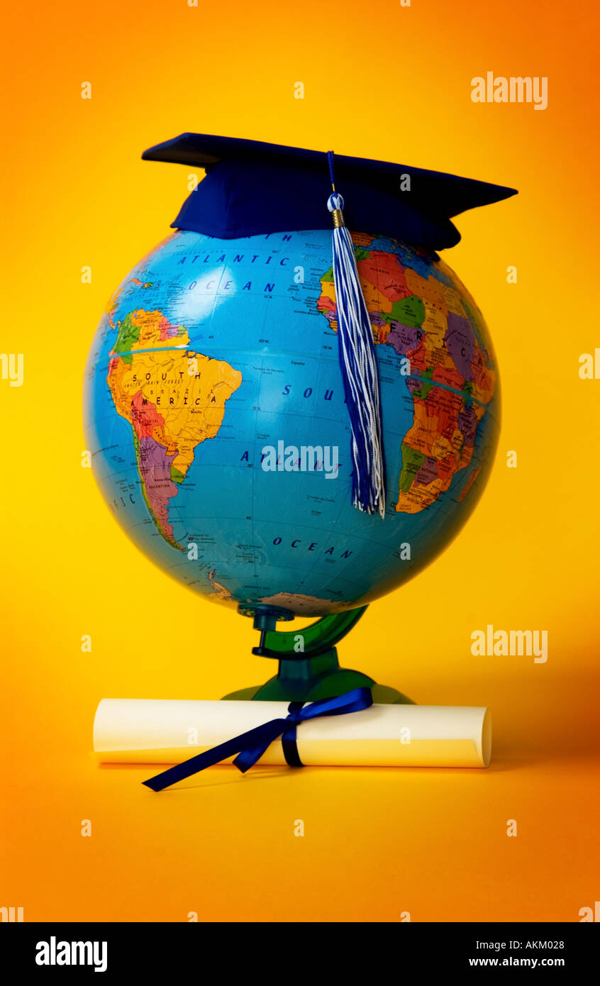 World globe with graduation cap and diploma Stock Photo - Alamy