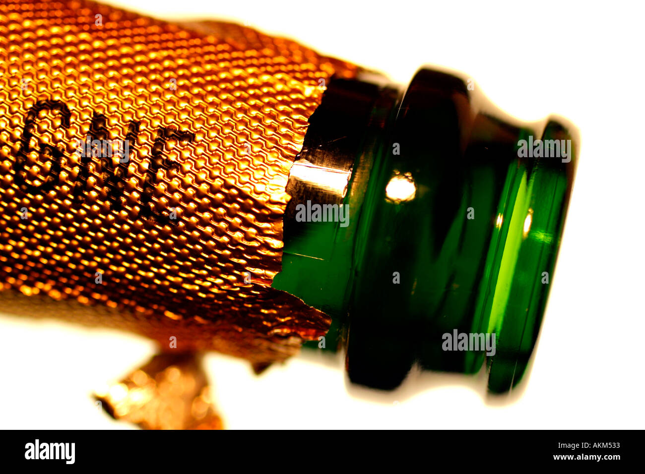 Champagne bottle neck close-up close up macro on white background ...